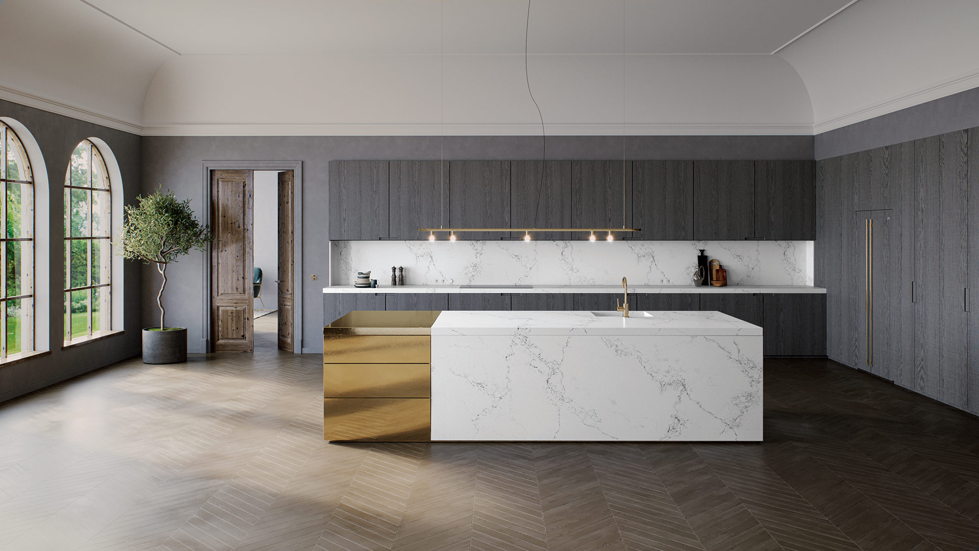 Caesarstone launch Empira White quartz kitchen worktop design